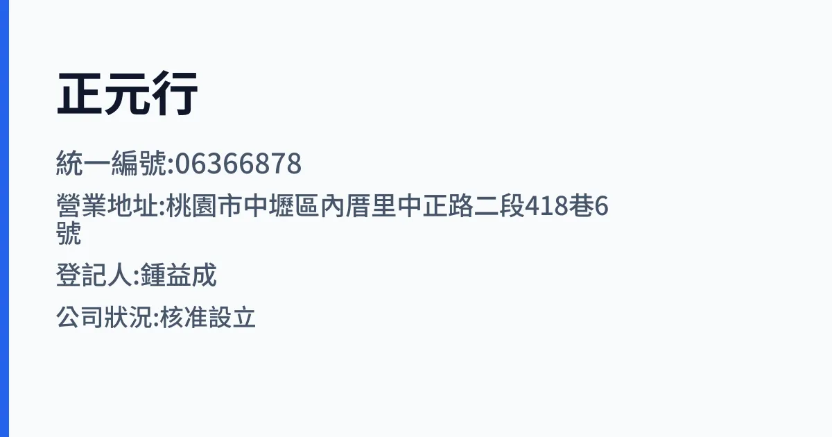 正元行 - 統編 06366878(桃園市) 公司登記資料與營業項目詳細圖表