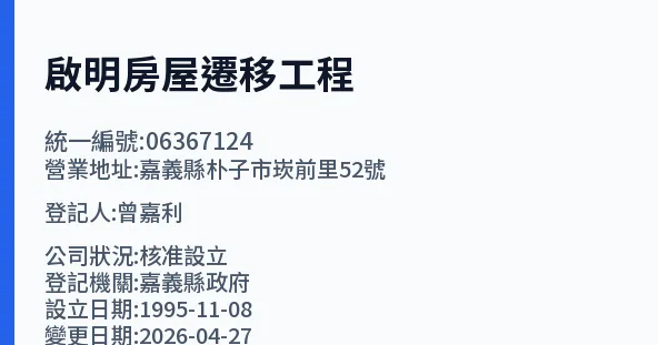 啟明房屋遷移工程的照片-統編 06367124(嘉義縣) 公司登記資料與營業項目詳細圖表