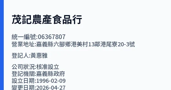 茂記農產食品行的照片-統編 06367807(嘉義縣) 公司登記資料與營業項目詳細圖表