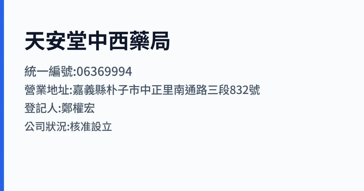 天安堂中西藥局 - 統編 06369994(嘉義縣) 公司登記資料與營業項目詳細圖表