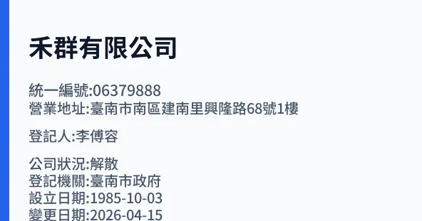 禾群有限公司的照片-統編 06379888(臺南市) 公司登記資料與營業項目詳細圖表
