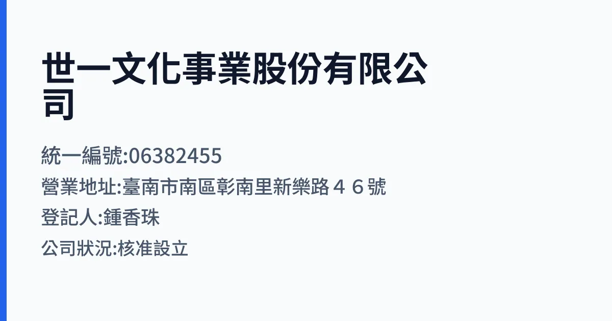 世一文化事業股份有限公司 - 統編 06382455(臺南市) 公司登記資料與營業項目詳細圖表
