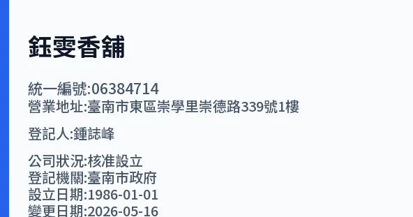 鈺雯香舖的照片-統編 06384714(臺南市) 公司登記資料與營業項目詳細圖表