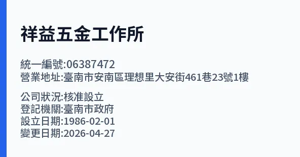 祥益五金工作所的照片-統編 06387472(臺南市) 公司登記資料與營業項目詳細圖表