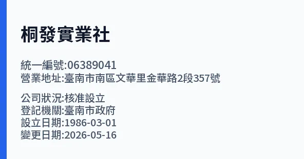桐發實業社的照片-統編 06389041(臺南市) 公司登記資料與營業項目詳細圖表