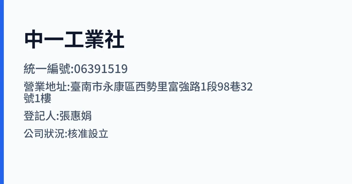 中一工業社 - 統編 06391519(臺南市) 公司登記資料與營業項目詳細圖表