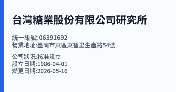 台灣糖業股份有限公司研究所的照片-統編 06391692(臺南市) 公司登記資料與營業項目詳細圖表