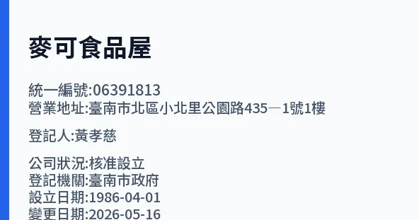 麥可食品屋的照片-統編 06391813(臺南市) 公司登記資料與營業項目詳細圖表