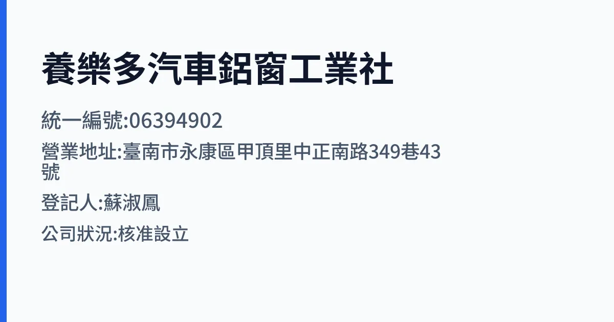 養樂多汽車鋁窗工業社 - 統編 06394902(臺南市) 公司登記資料與營業項目詳細圖表
