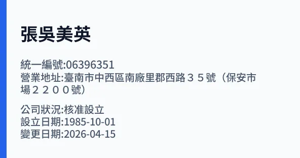 張吳美英的照片-統編 06396351(臺南市) 公司登記資料與營業項目詳細圖表