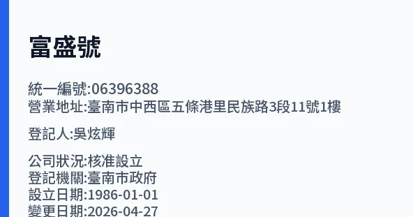 富盛號的照片-統編 06396388(臺南市) 公司登記資料與營業項目詳細圖表