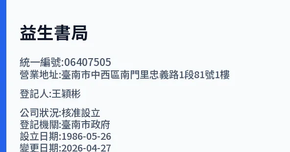 益生書局的照片-統編 06407505(臺南市) 公司登記資料與營業項目詳細圖表