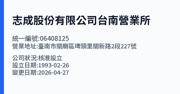 志成股份有限公司台南營業所的照片-統編 06408125(臺南市) 公司登記資料與營業項目詳細圖表