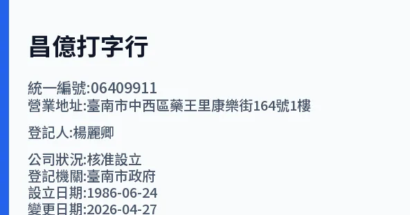 昌億打字行的照片-統編 06409911(臺南市) 公司登記資料與營業項目詳細圖表