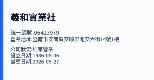 義和實業社的照片-統編 06413979(臺南市) 公司登記資料與營業項目詳細圖表