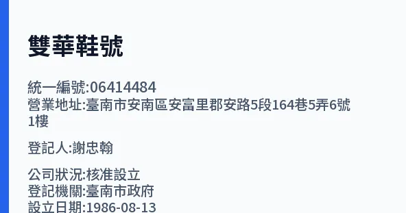 雙華鞋號的照片-統編 06414484(臺南市) 公司登記資料與營業項目詳細圖表