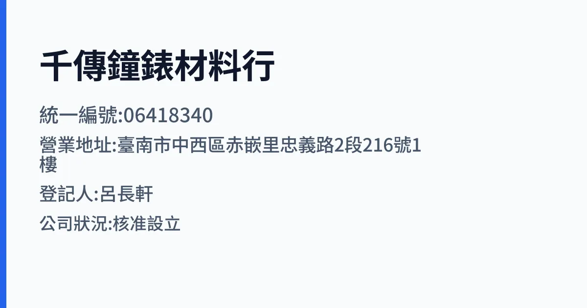 千傳鐘錶材料行 - 統編 06418340(臺南市) 公司登記資料與營業項目詳細圖表