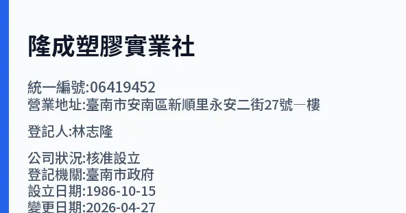 隆成塑膠實業社的照片-統編 06419452(臺南市) 公司登記資料與營業項目詳細圖表