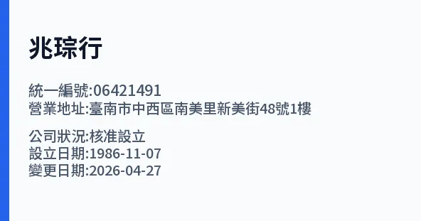 兆琮行的照片-統編 06421491(臺南市) 公司登記資料與營業項目詳細圖表