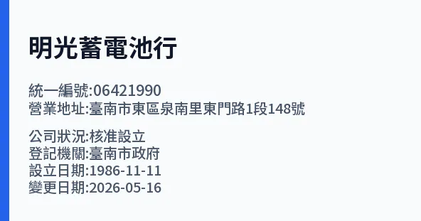 明光蓄電池行的照片-統編 06421990(臺南市) 公司登記資料與營業項目詳細圖表