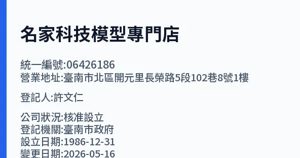 名家科技模型專門店的照片-統編 06426186(臺南市) 公司登記資料與營業項目詳細圖表