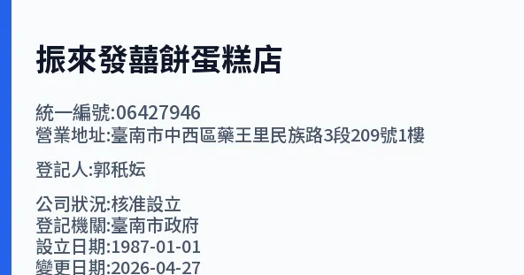 振來發囍餅蛋糕店的照片-統編 06427946(臺南市) 公司登記資料與營業項目詳細圖表