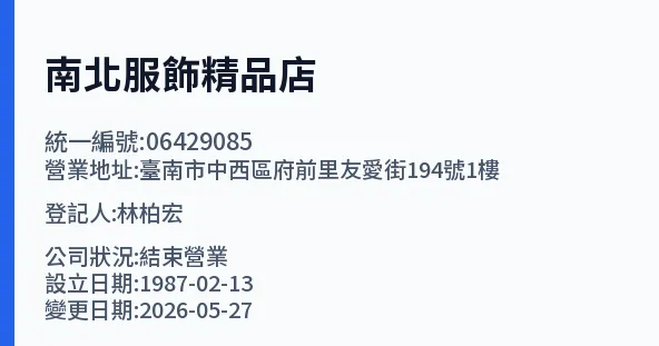 南北服飾精品店的照片-統編 06429085(臺南市) 公司登記資料與營業項目詳細圖表