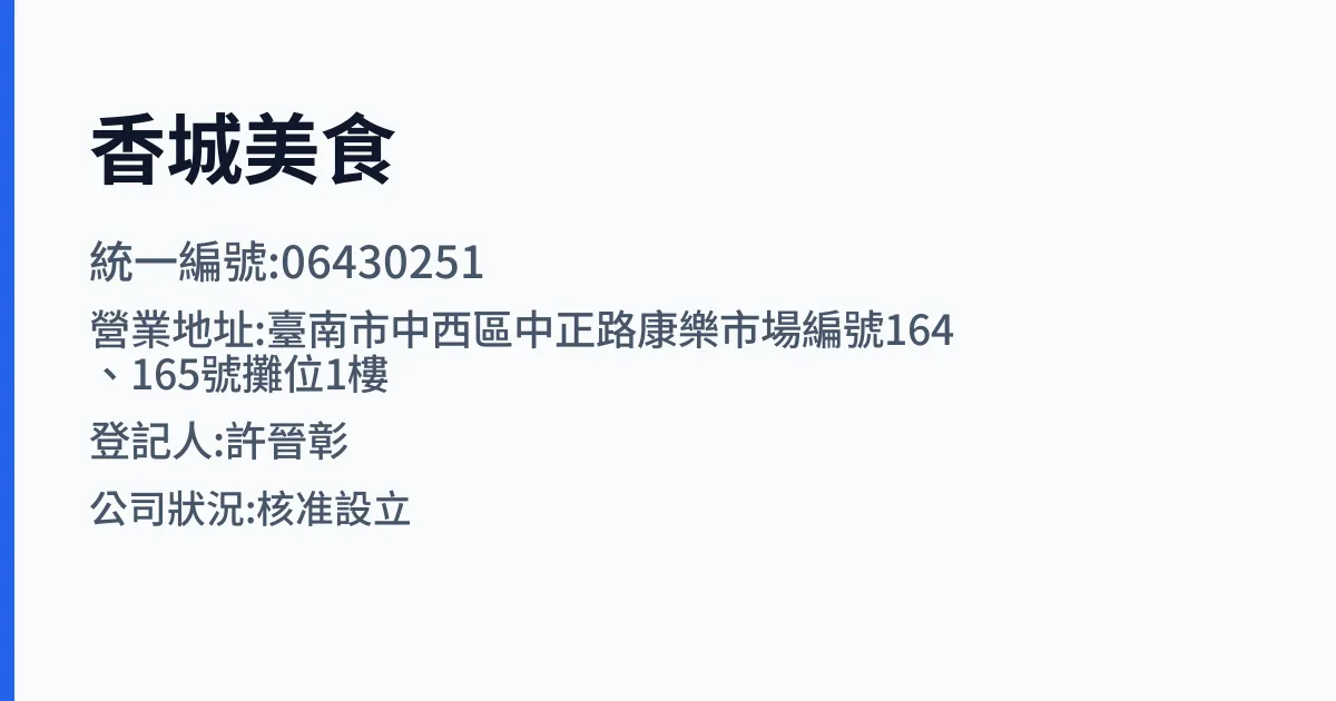 香城美食 - 統編 06430251(臺南市) 公司登記資料與營業項目詳細圖表
