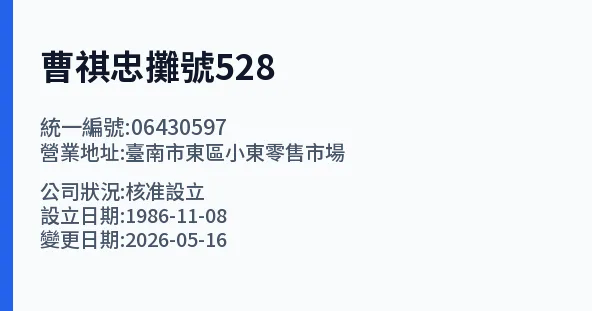 曹祺忠攤號528的照片-統編 06430597(臺南市) 公司登記資料與營業項目詳細圖表
