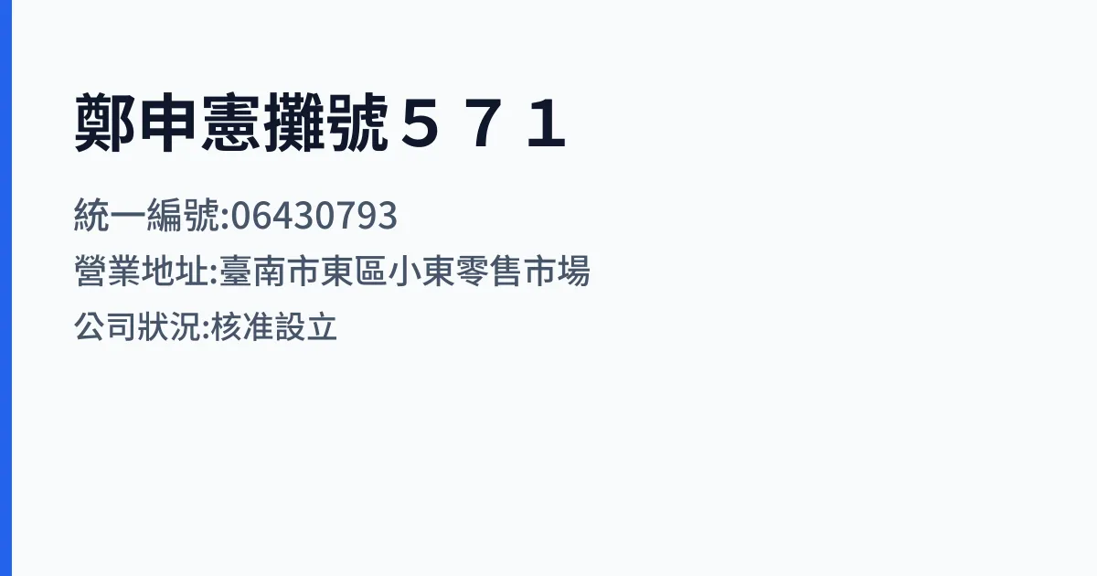 鄭申憲攤號５７１ - 統編 06430793(臺南市) 公司登記資料與營業項目詳細圖表