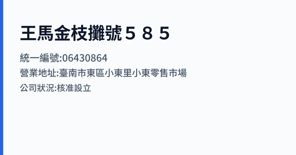 王馬金枝攤號５８５ - 統編 06430864(臺南市) 公司登記資料與營業項目詳細圖表