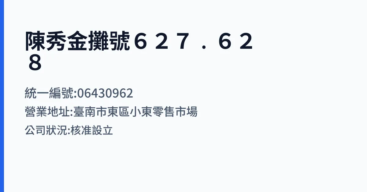 陳秀金攤號６２７﹒６２８ - 統編 06430962(臺南市) 公司登記資料與營業項目詳細圖表