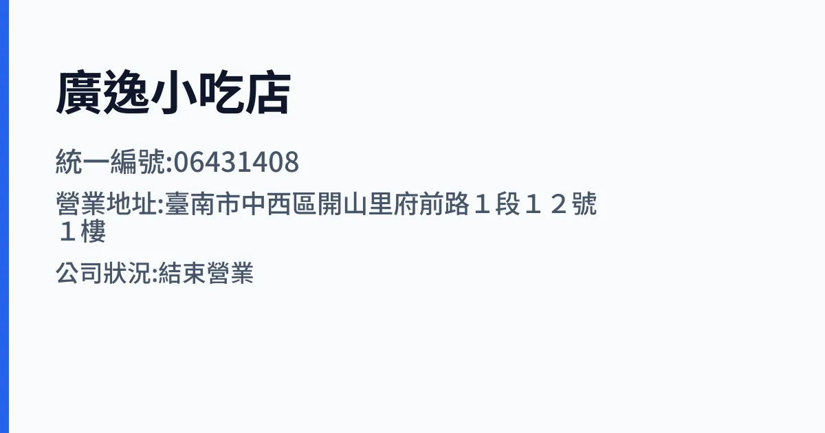 廣逸小吃店 - 統編 06431408(臺南市) 公司登記資料與營業項目詳細圖表