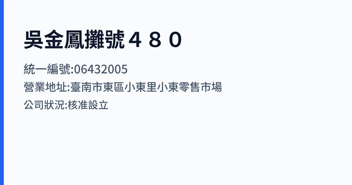 吳金鳳攤號４８０ - 統編 06432005(臺南市) 公司登記資料與營業項目詳細圖表