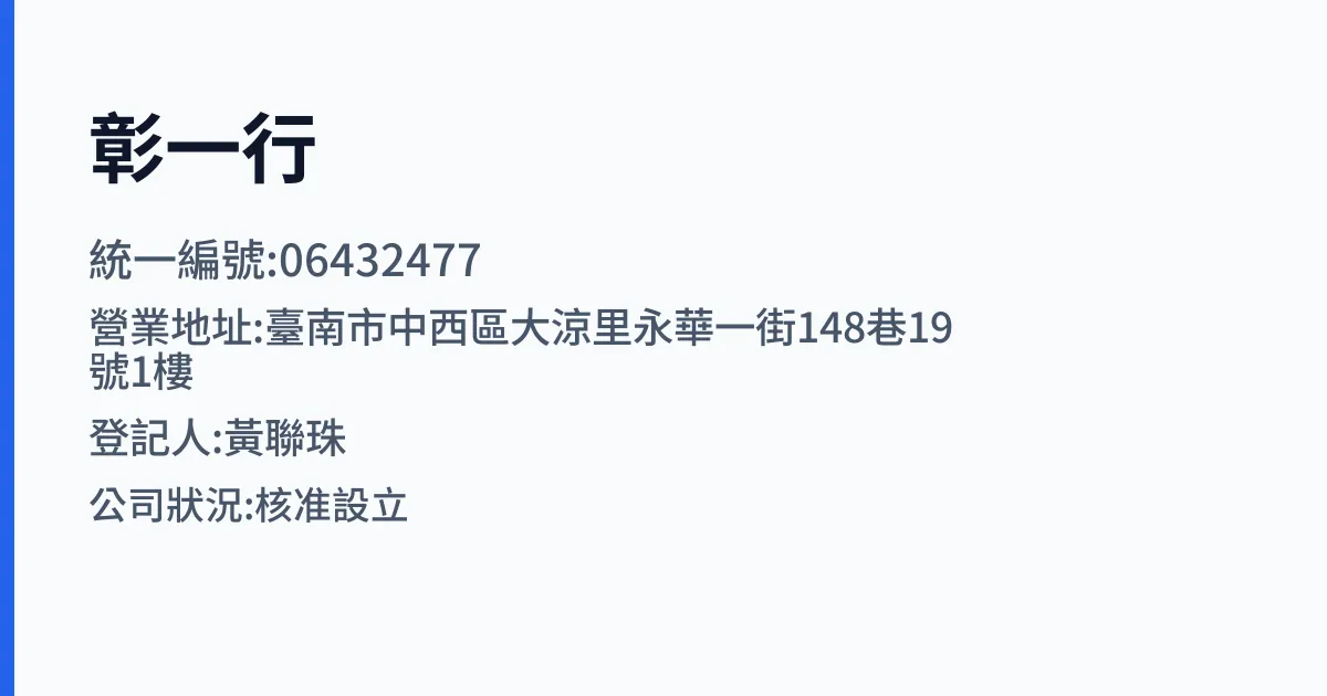 彰一行 - 統編 06432477(臺南市) 公司登記資料與營業項目詳細圖表