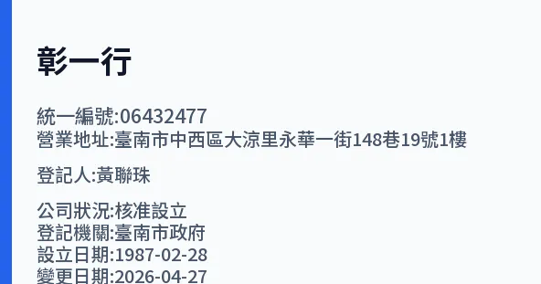 彰一行的照片-統編 06432477(臺南市) 公司登記資料與營業項目詳細圖表