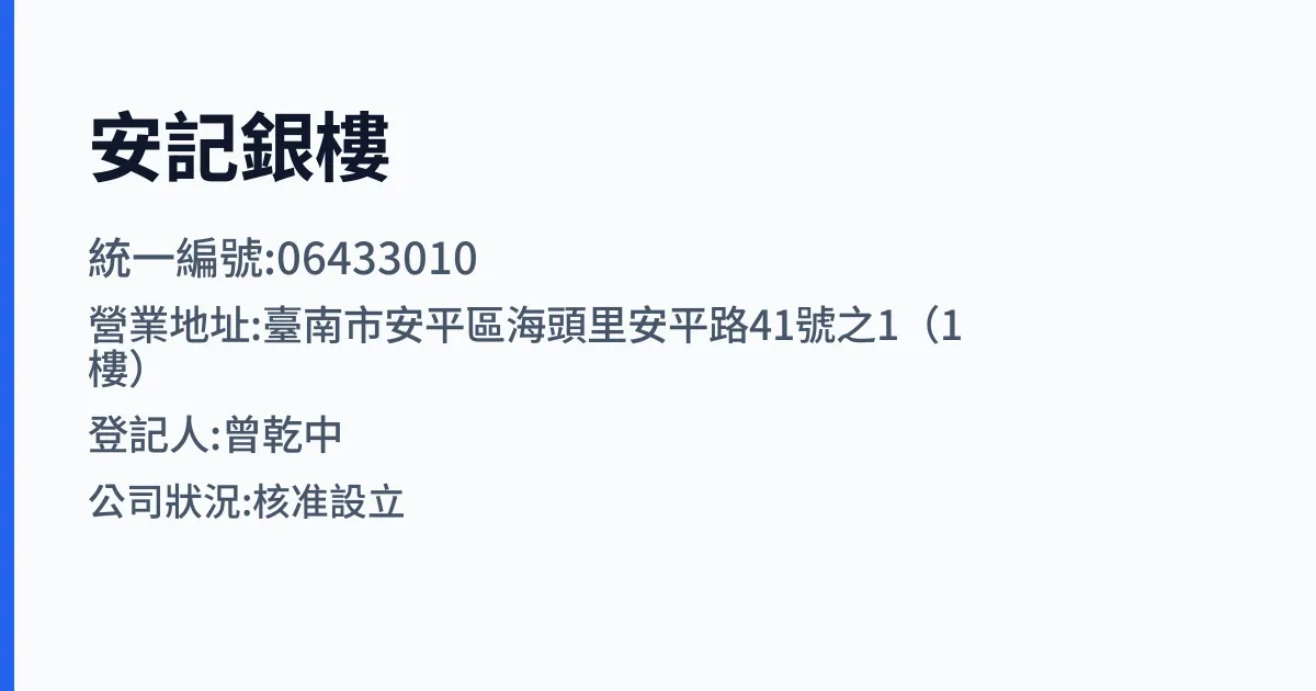 安記銀樓 - 統編 06433010(臺南市) 公司登記資料與營業項目詳細圖表