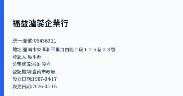 福益瀘蕊企業行的照片-統編 06436311(臺南市) 公司登記資料與營業項目詳細圖表