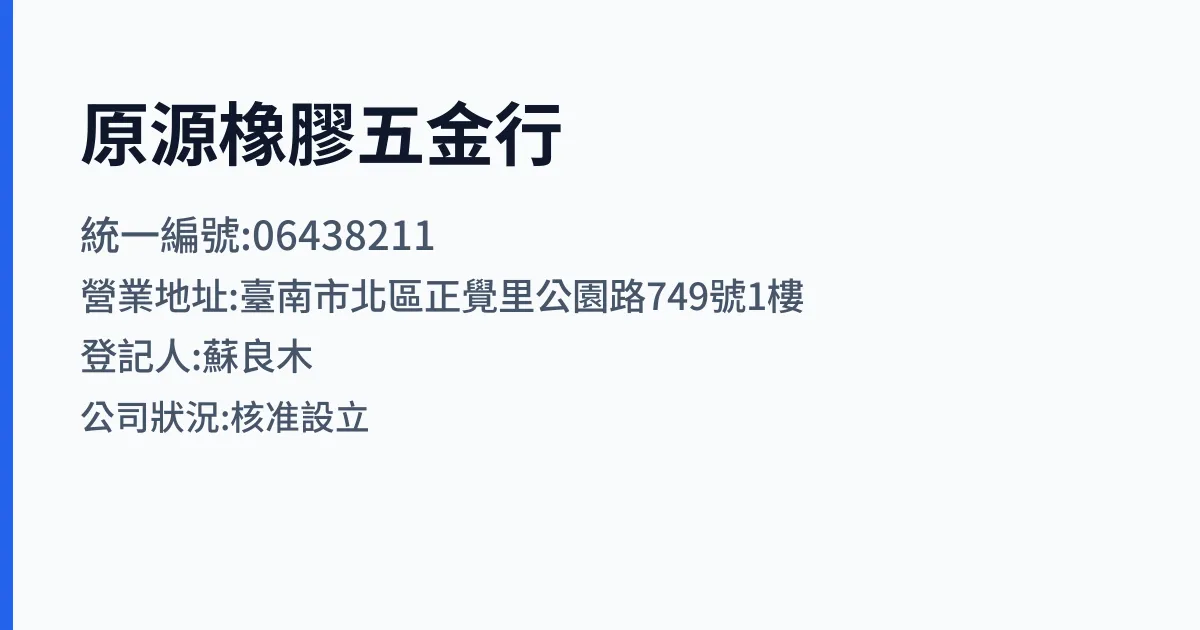 原源橡膠五金行 - 統編 06438211(臺南市) 公司登記資料與營業項目詳細圖表