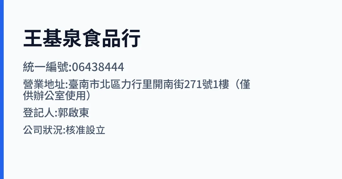 王基泉食品行 - 統編 06438444(臺南市) 公司登記資料與營業項目詳細圖表