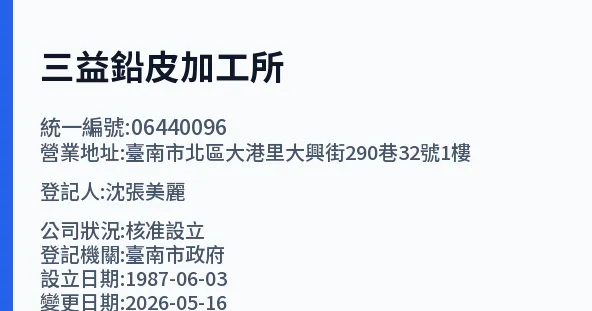 三益鉛皮加工所的照片-統編 06440096(臺南市) 公司登記資料與營業項目詳細圖表