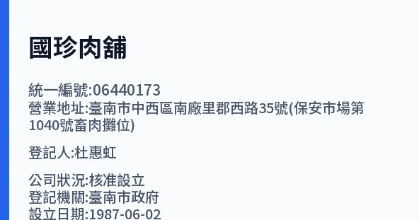 國珍肉舖的照片-統編 06440173(臺南市) 公司登記資料與營業項目詳細圖表