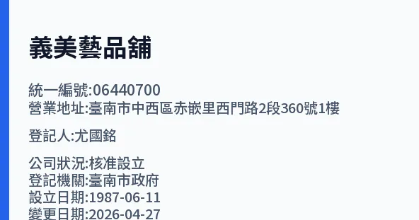 義美藝品舖的照片-統編 06440700(臺南市) 公司登記資料與營業項目詳細圖表