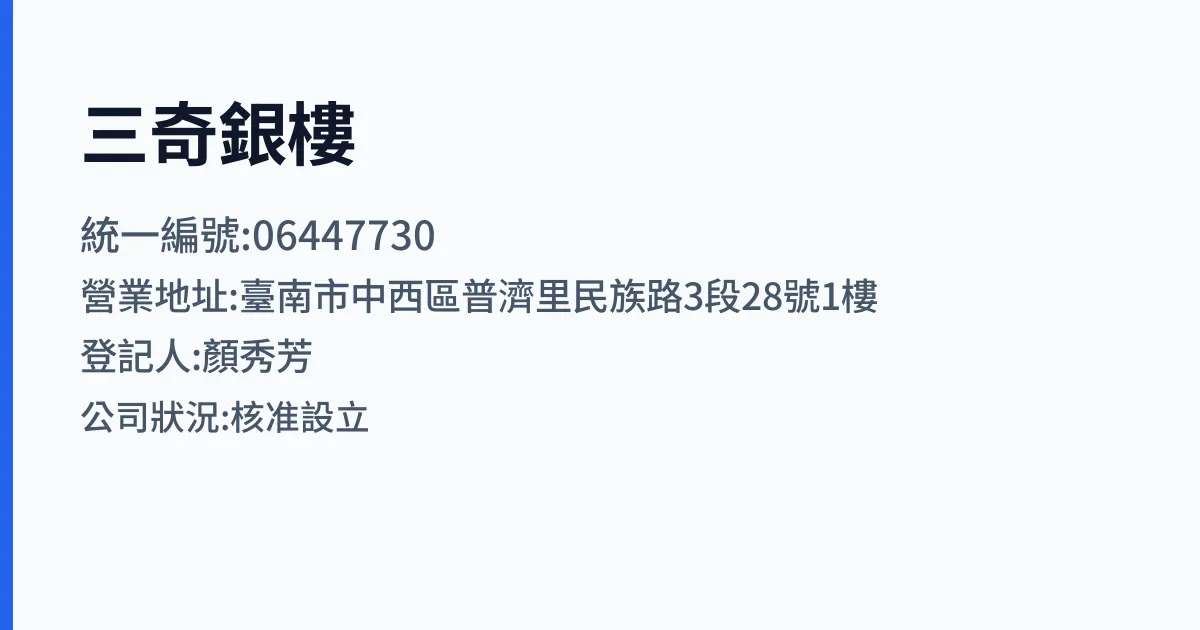 三奇銀樓 - 統編 06447730(臺南市) 公司登記資料與營業項目詳細圖表