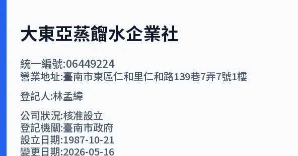大東亞蒸餾水企業社的照片-統編 06449224(臺南市) 公司登記資料與營業項目詳細圖表