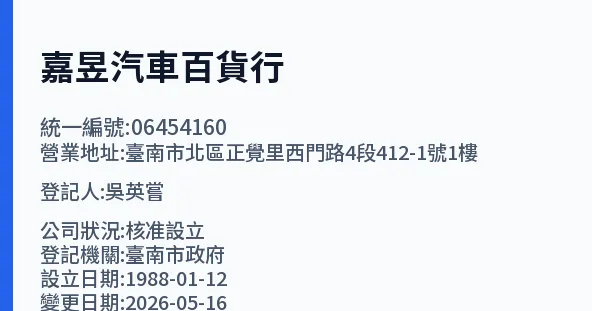 嘉昱汽車百貨行的照片-統編 06454160(臺南市) 公司登記資料與營業項目詳細圖表