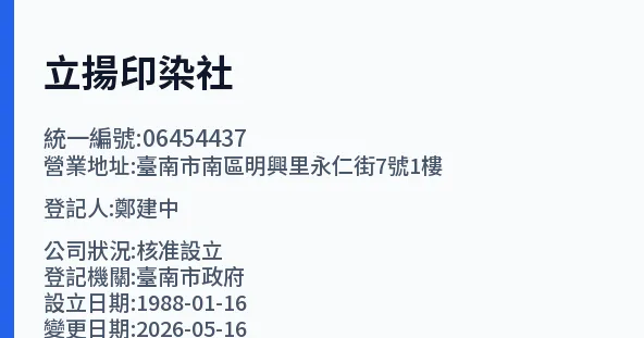 立揚印染社的照片-統編 06454437(臺南市) 公司登記資料與營業項目詳細圖表