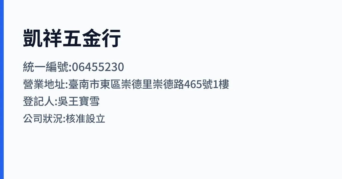 凱祥五金行 - 統編 06455230(臺南市) 公司登記資料與營業項目詳細圖表
