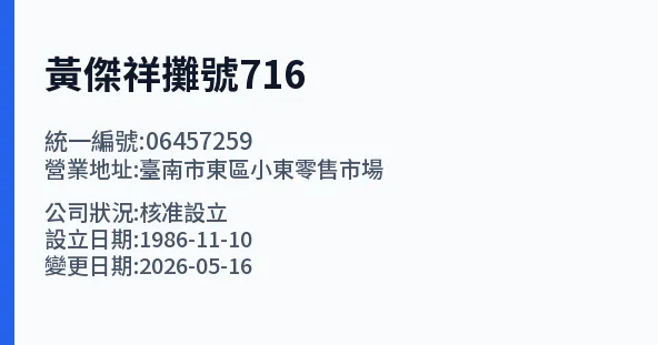 黃傑祥攤號716的照片-統編 06457259(臺南市) 公司登記資料與營業項目詳細圖表