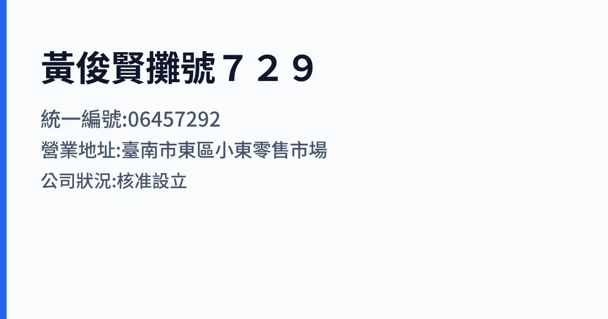 黃俊賢攤號７２９ - 統編 06457292(臺南市) 公司登記資料與營業項目詳細圖表